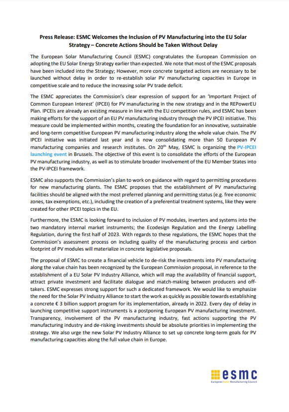 EU Strategy on Solar Energy - ESMC Solar